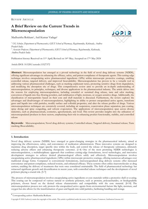 Pdf A Brief Review On The Current Trends In Microencapsulation Review Article