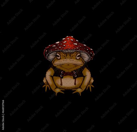 Frog In A Red Toadstool Fly Agaric Hat Hand Drawn Illustration On A