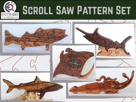 Sea Life Scroll Saw Puzzle Pattern Set 1 Shark Squid Marlin Bass