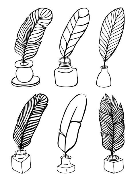 Premium Vector Doodle Set Of Quill And Inkwell In Antique Style