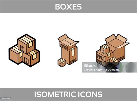 아이소메트릭 판지 포장 상자 우편 표지판 세 가지 스타일에서 깨지기 쉬운 벡터 일러스트 레이 션을이 쪽 설정 0명에 대한 스톡