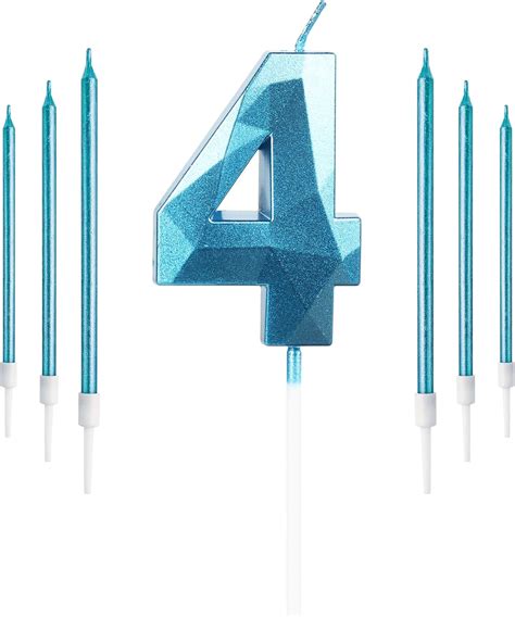 Blue Birthday Candles Number 4 Candle With 6pcs Long