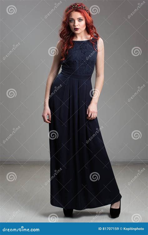 Red Haired Model Posing In Evening Dress And In Diadem Stock Image Image Of Diadem