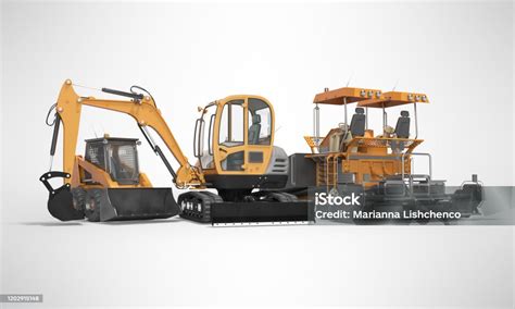 그림자가 있는 회색 배경에 개념 중장비 굴삭기 미니 로더 포장기 전면 3d 일러스트 0명에 대한 스톡 사진 및 기타 이미지