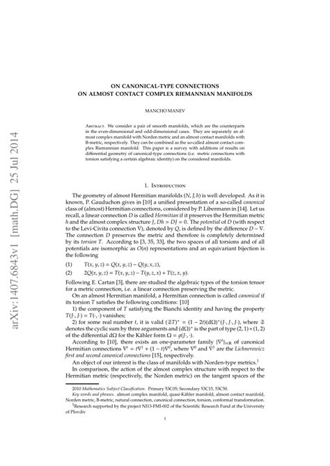 Pdf On Canonical Type Connections On Almost Contact Complex Riemannian Manifolds