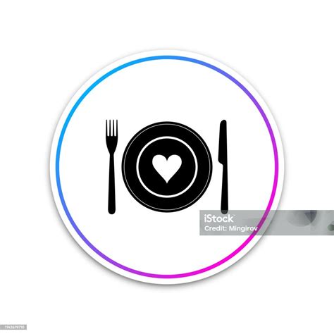 접시에 하트 포크와 칼 아이콘 흰색 배경에 고립 해피 발렌타인 데이 동그라미 흰색 버튼 벡터 일러스트 개념에 대한 스톡 벡터 아트 및 기타 이미지 Istock