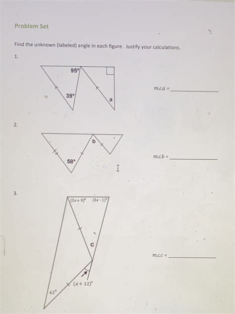 solved problem set find the unknown labeled angle in each figure
