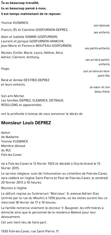 Avis De Décès De Louis Deprez Décédé Le 15 02 2015 à Orp Le Grand Annonce Condoléances