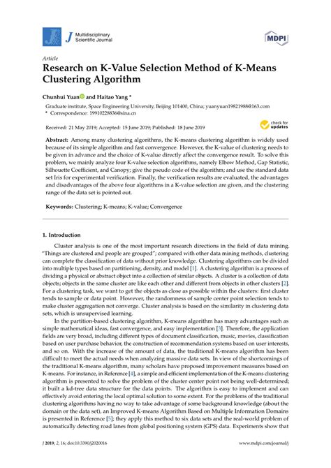 Pdf Research On K Value Selection Method Of K Means Clustering Algorithm