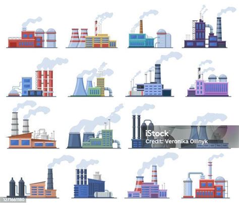 산업 공장 제조 건물 굴뚝 파이프 공장 창고 발전소 공장 건축 외부 벡터 일러스트 세트 공장 산업 건물에 대한 스톡 벡터 아트 및 기타 이미지 Istock