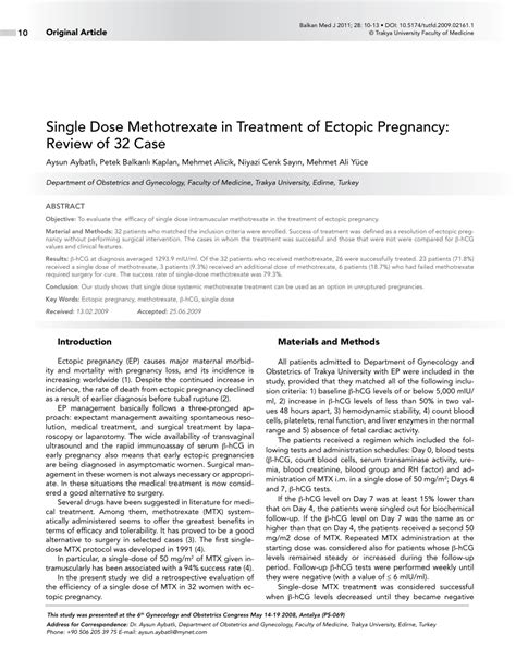 Pdf Single Dose Methotrexate In Treatment Of Ectopic Pregnancy Review Of 32 Cases