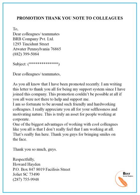 Thank You Letter Template For Promotion Sample And Examples