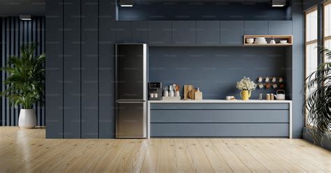 짙은 파란색 벽3d 렌더링이 있는 현대적인 스타일의 주방 인테리어 디자인 사진 Unsplash의 실내 이미지