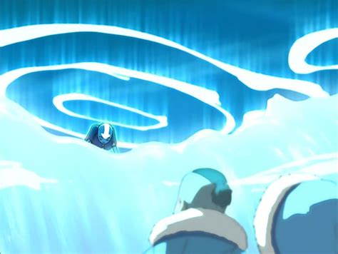 Aang In The Avatar State And Emerging From The Iceberg Katara And Sokka Looking At Him Anime
