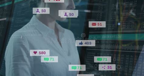 Animation Of Social Media Icons Against Caucasian Female Engineer Using Laptop At Server Room