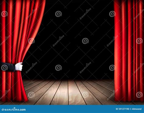 Theater Stage With Wooden Floor And Open Red Curtains Vector