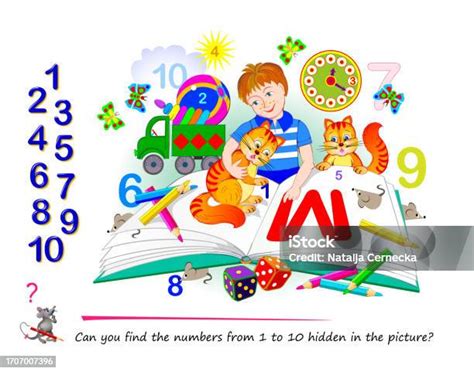 논리 퍼즐 게임 어린 아이들을 위한 수학 교육 그림에 숨겨진 1에서 10까지의 숫자를 찾을 수 있습니까 계산 기술 개발 Iq 테스트 온라인 플레이 아이들을 위한 인쇄 가능한