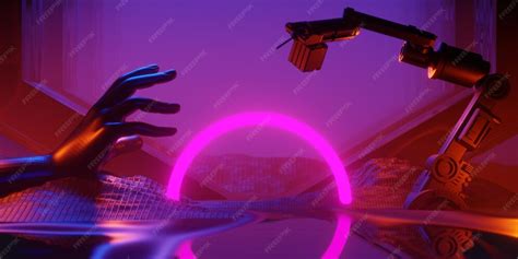 E스포츠 공상과학 게임 사이버펑크 Vr 가상 현실 시뮬레이션 및 메타버스 장면 스탠드 페데스탈 무대 3d 그림 렌더링 미래형 네온 글로우 룸의 추상 배경 비디오 게임