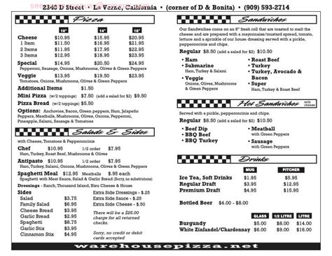 Online Menu Of Warehouse Pizza Restaurant La Verne California 91750