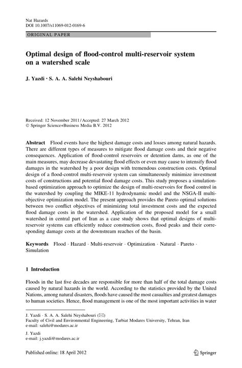Pdf Optimal Design Of Flood Control Multi Reservoir System On A
