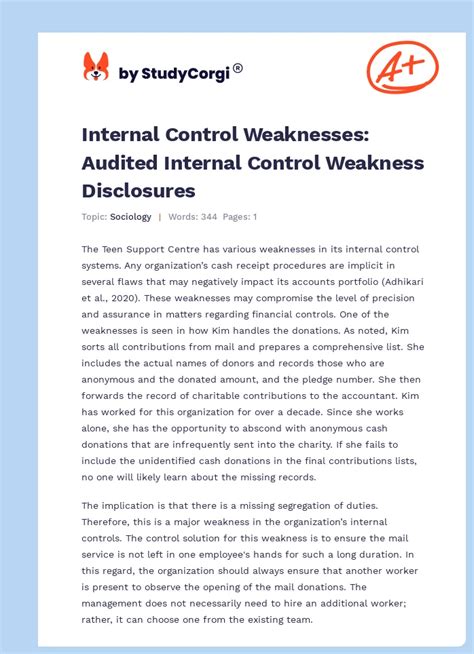 Internal Control Weaknesses Audited Internal Control Weakness Disclosures Free Essay Example