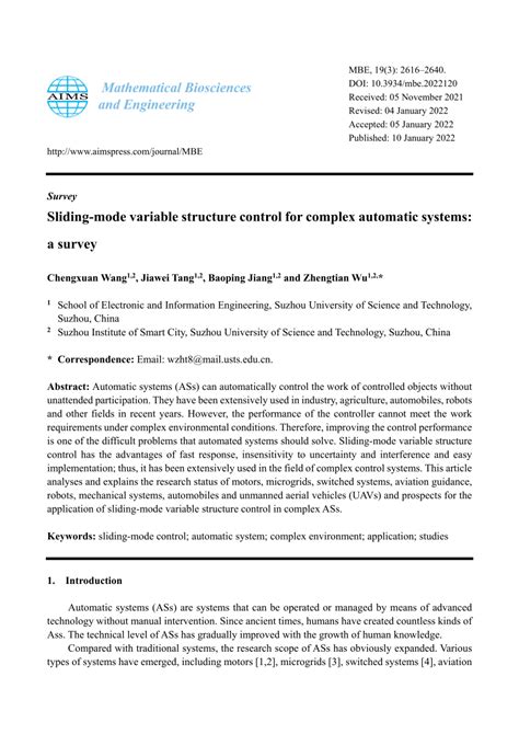 Pdf Sliding Mode Variable Structure Control For Complex Automatic Systems A Survey