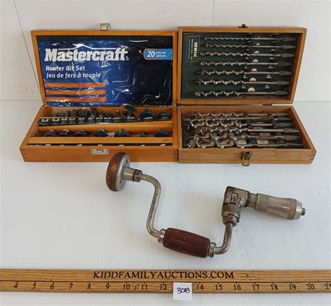 Lot Of 3 Mastercraft Router Bit Set Irwin Auger Bit Set And Manual Hand Drill Auctionsontario Ca