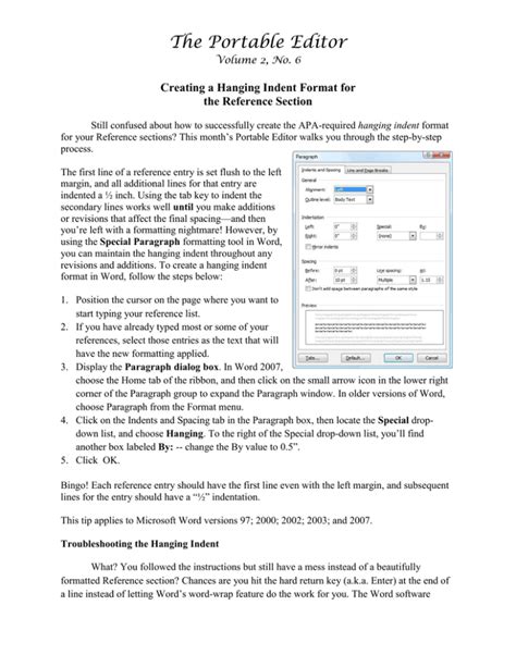 The Portable Editor Creating A Hanging Indent Format For The Reference Section