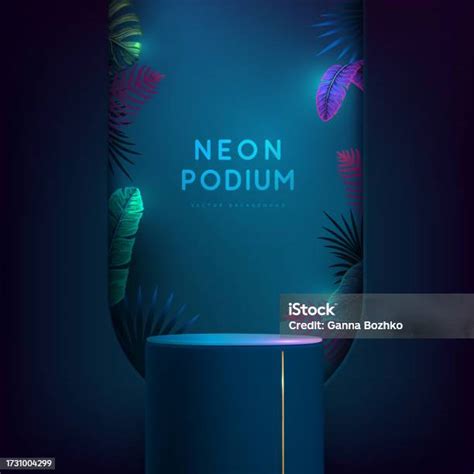 형광 네온 쇼케이스 배경에는 3d 연단과 열대 나뭇잎이 있습니다 여름 자연 개념입니다 벡터 그림 3차원 형태에 대한 스톡 벡터 아트 및 기타 이미지 Istock