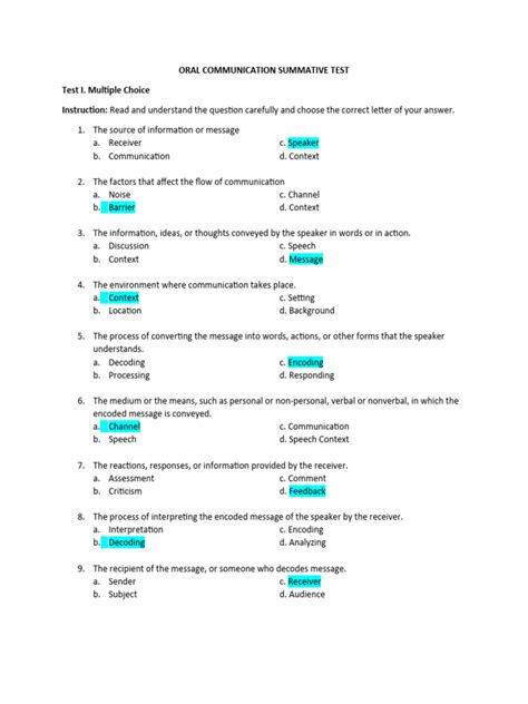Oral Communication Summative Test Answer Key Pdf Communication Nonverbal Communication
