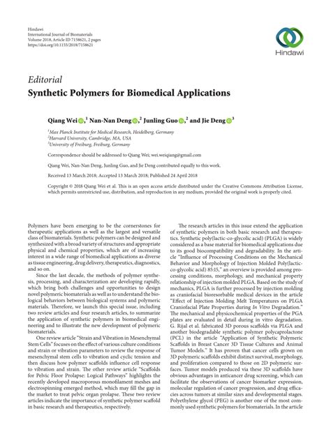 Pdf Synthetic Polymers For Biomedical Applications