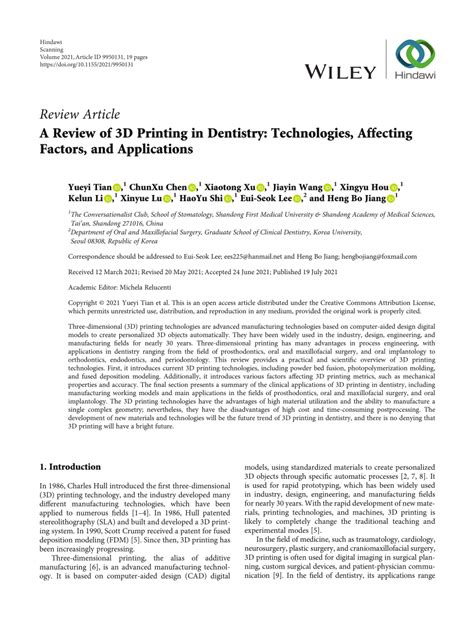 Pdf A Review Of 3d Printing In Dentistry Technologies Affecting Factors And Applications