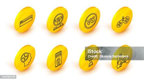 조이스틱 어워드 컵 컴퓨터 헤드 헌팅 개념 게임 패드 Vs 대결 전투 레이싱 시뮬레이터 조종석 및 비디오 게임 아이콘과 세트 라인 게임 콘솔 벡터 3차원 형태에 대한 스톡