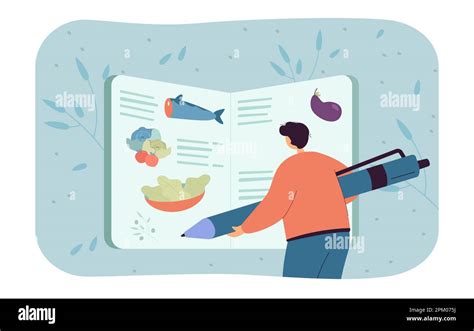 Back View Of Tiny Man Holding Big Pen In Front Of Cook Book Stock