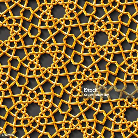 아랍어 전통적인 이슬람 패턴 초대 또는 동부 스타일에서 책자에 대 한 완벽 한입니다 아랍 별 골든 트레이 서 리 3d 효과와 볼륨 골드 빛나는 장식 0명에 대한 스톡 벡터