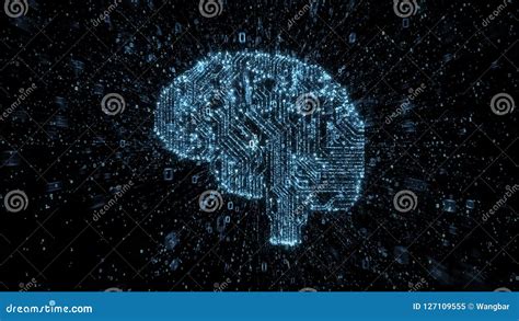 Digital Circuitry Brain With Streams Of Exploding Binary Data Stock