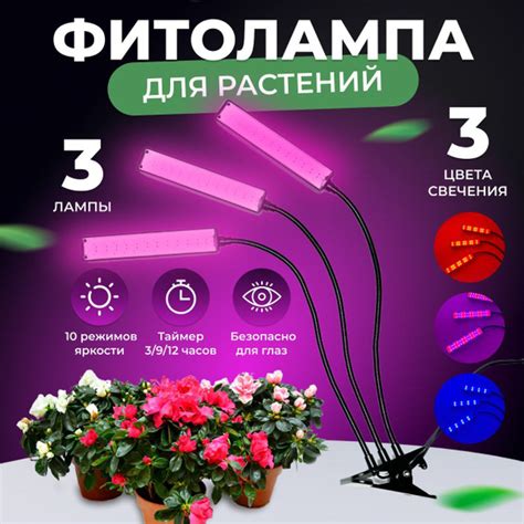 Фитолампа для растений полный спектр для цветов для рассады 3 светильника купить с
