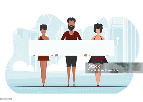 남자와 여자들이 항의하러 나왔다 파란색 톤의 배너 플랫 스타일로 귀여운 일러스트 미소에 대한 스톡 벡터 아트 및 기타 이미지