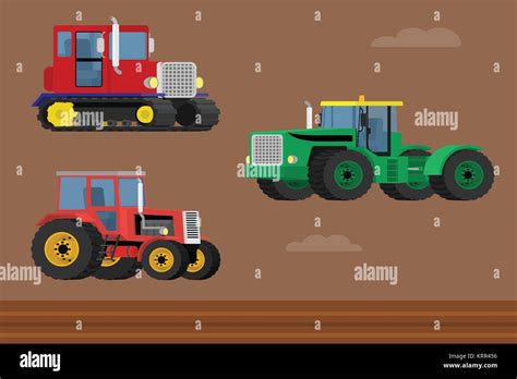 Agriculture Machinery Vector Set Of Tracked Tractor And Wheeled Farm Tractors Stock Vector