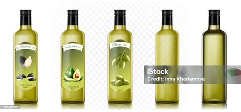 올리브 해바라기 및 아보카도 오일 유리 병 모형 엑스트라 버진 오일 항아리 식품 요리 제품 유기농 채식 식단 검은 코르크가있는 식물성 기름 브랜드 항아리 사실적인 3d 벡터