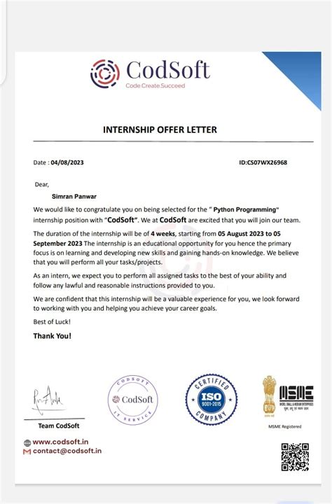 Simran Lohia On Linkedin Internship Codsoft Offerletter