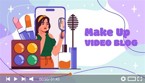 메이크업 비디오 블로그 포스터입니다 스마트폰 근처에서 화장품을 들고 있는 여성 립스틱과 마스카라를 바른 미용사와 비사비스트가 튜토리얼을 만듭니다 Blogger는 콘텐츠를