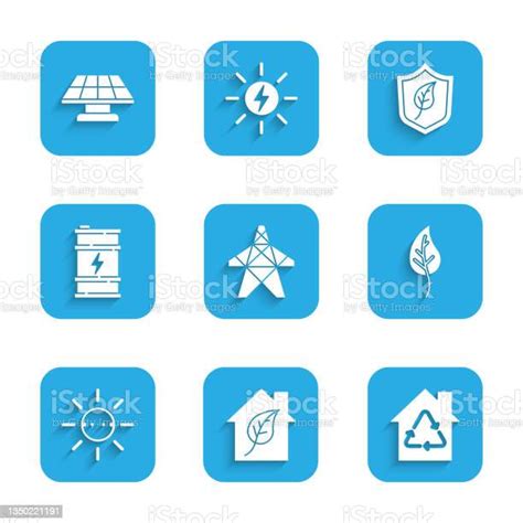설정 전기 타워 에코 친화적 인 집 재활용 잎 이나 잎 태양 에너지 패널 바이오 연료 배럴 방패 잎과 아이콘 벡터 0명에 대한 스톡 벡터 아트 및 기타 이미지 Istock