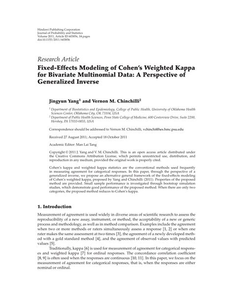 Pdf Fixed Effects Modeling Of Cohens Weighted Kappa For Bivariate