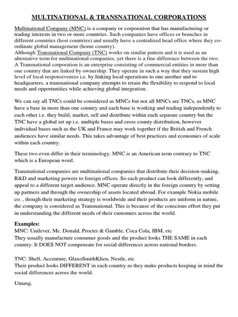 Mnc And Tnc Multinational Corporation Marketing