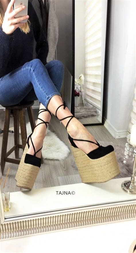 Black Lace Up High Heel Wedge Sandals High Heel Wedges Lace Up High