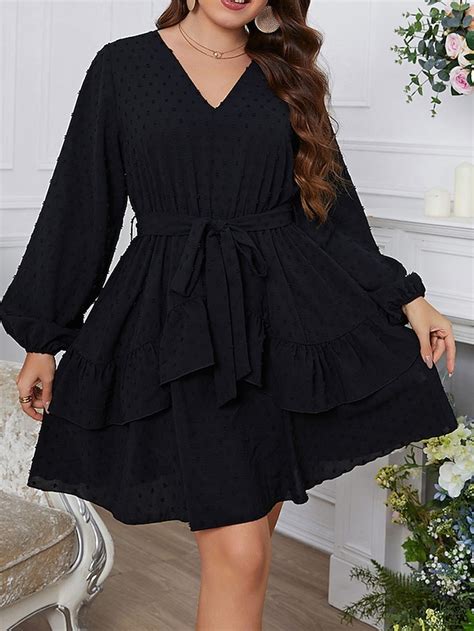 Womens Plus Size Casual Dress Pure Color V Neck Long Sleeve Fall
