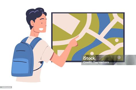 Man Character With Backpack Using Information Board With Interactive Interface Vector