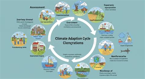Infographic Illustrating A Climate Adaptation Cycle Surrounded By Various Illustrated Stock