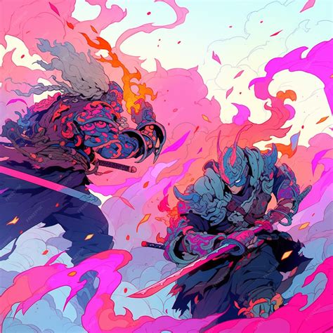 Premium Photo Anime Characters Fighting With Swords In A Colorful